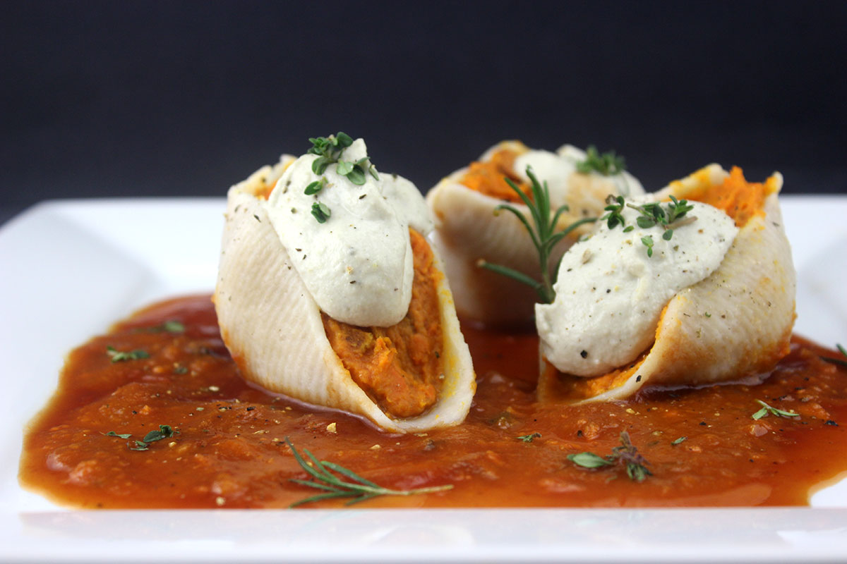 Vegan Sweet Potato Alfredo Stuffed Shells | Amanda Nicole Smith